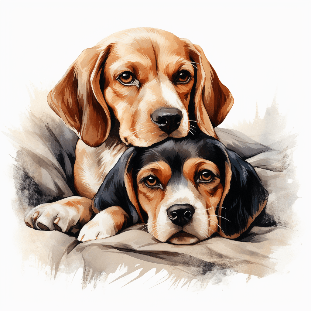 Beagle dogs cuddling, image set, 10 images