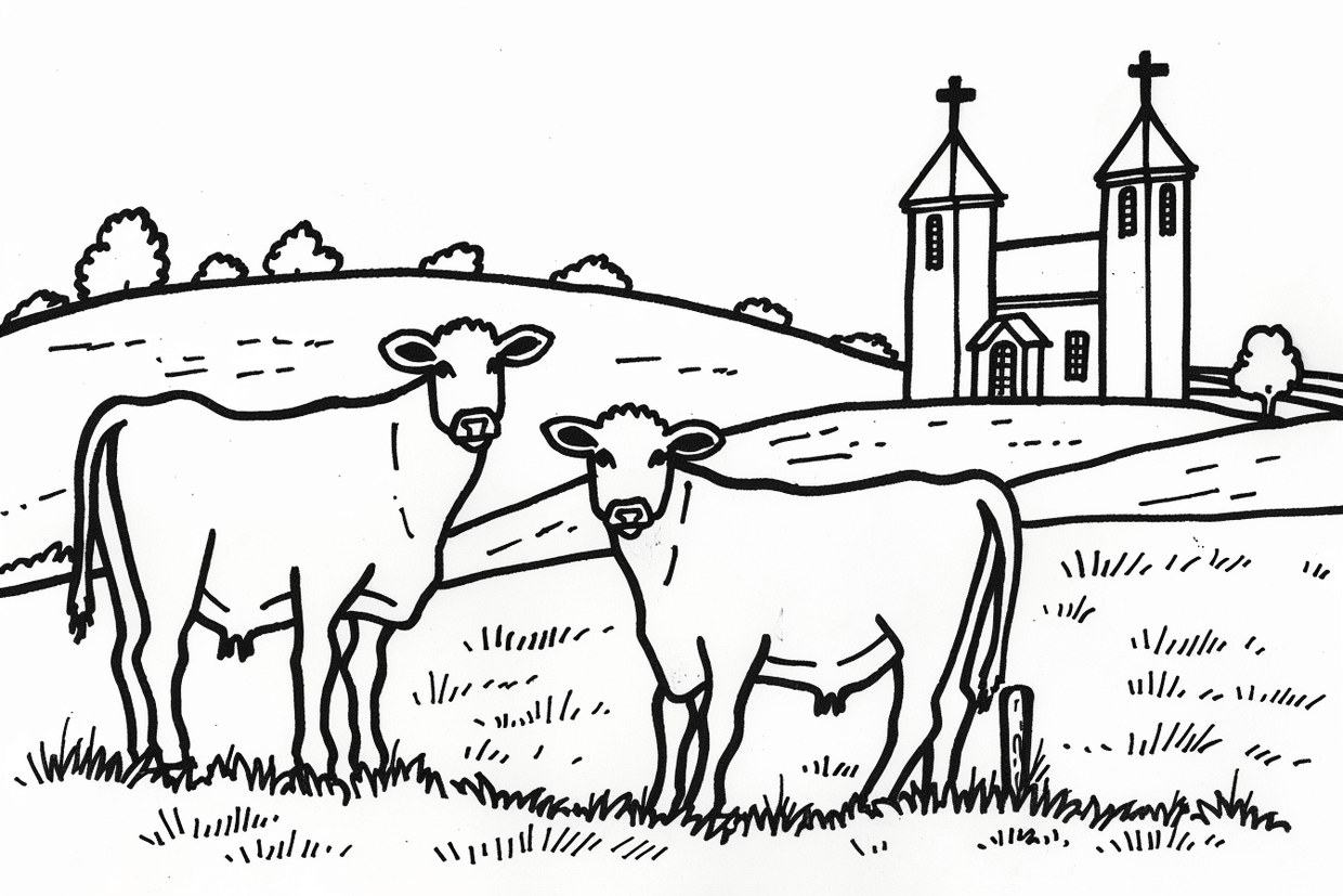 Colouring pages, bundle of cattle on beautiful farm, 10 images