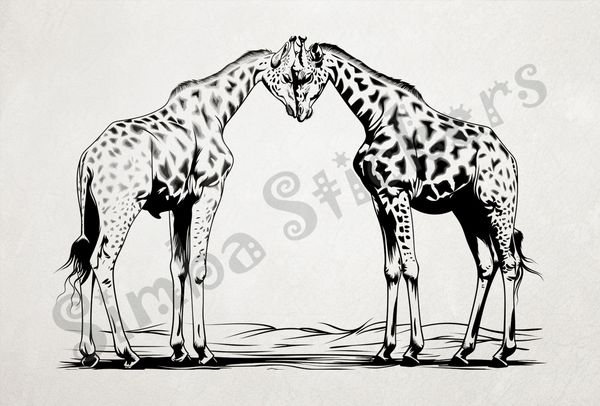 Giraffes nose-to-nose cuddling in the Savanna, outline