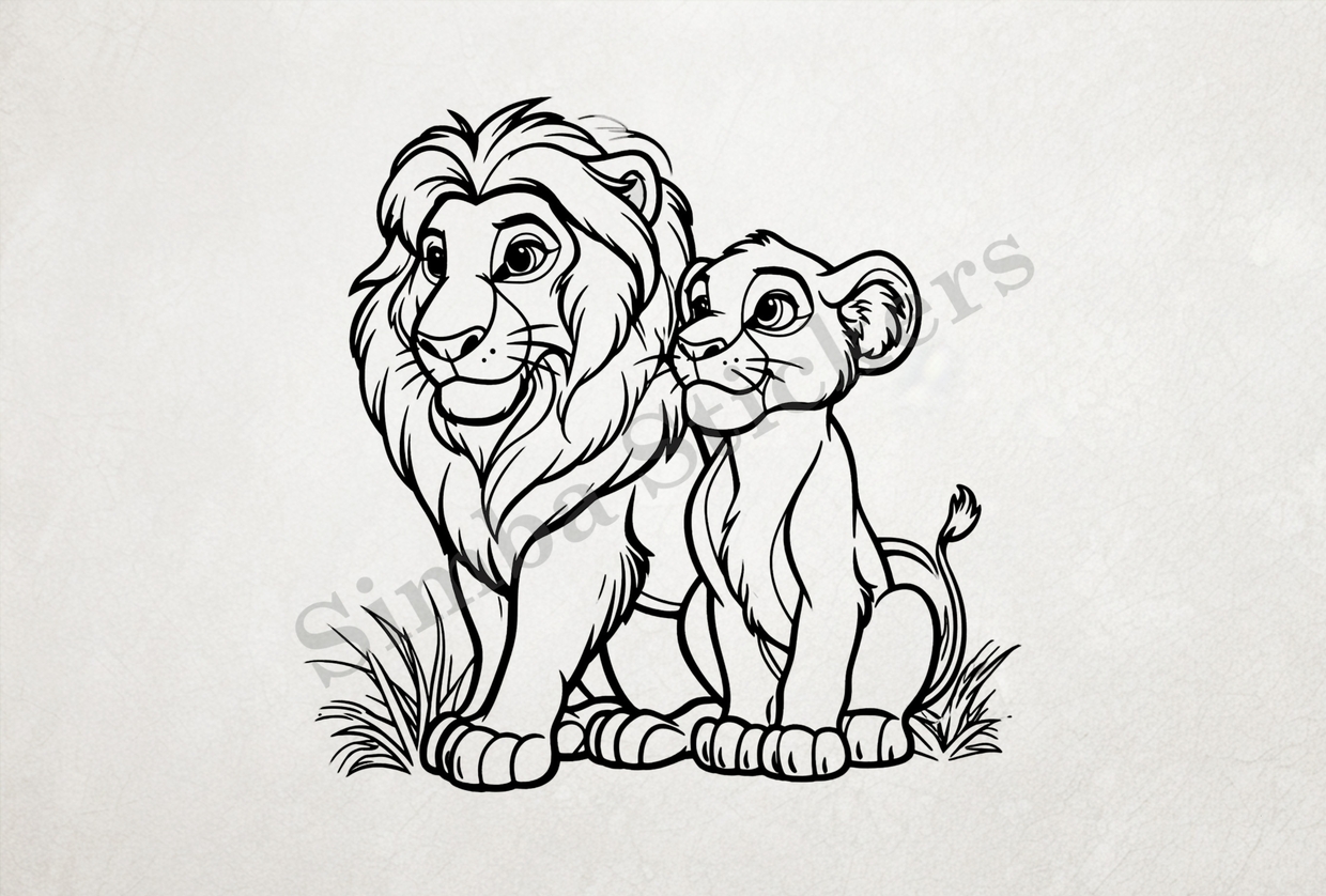 Male lion with cub, outline art