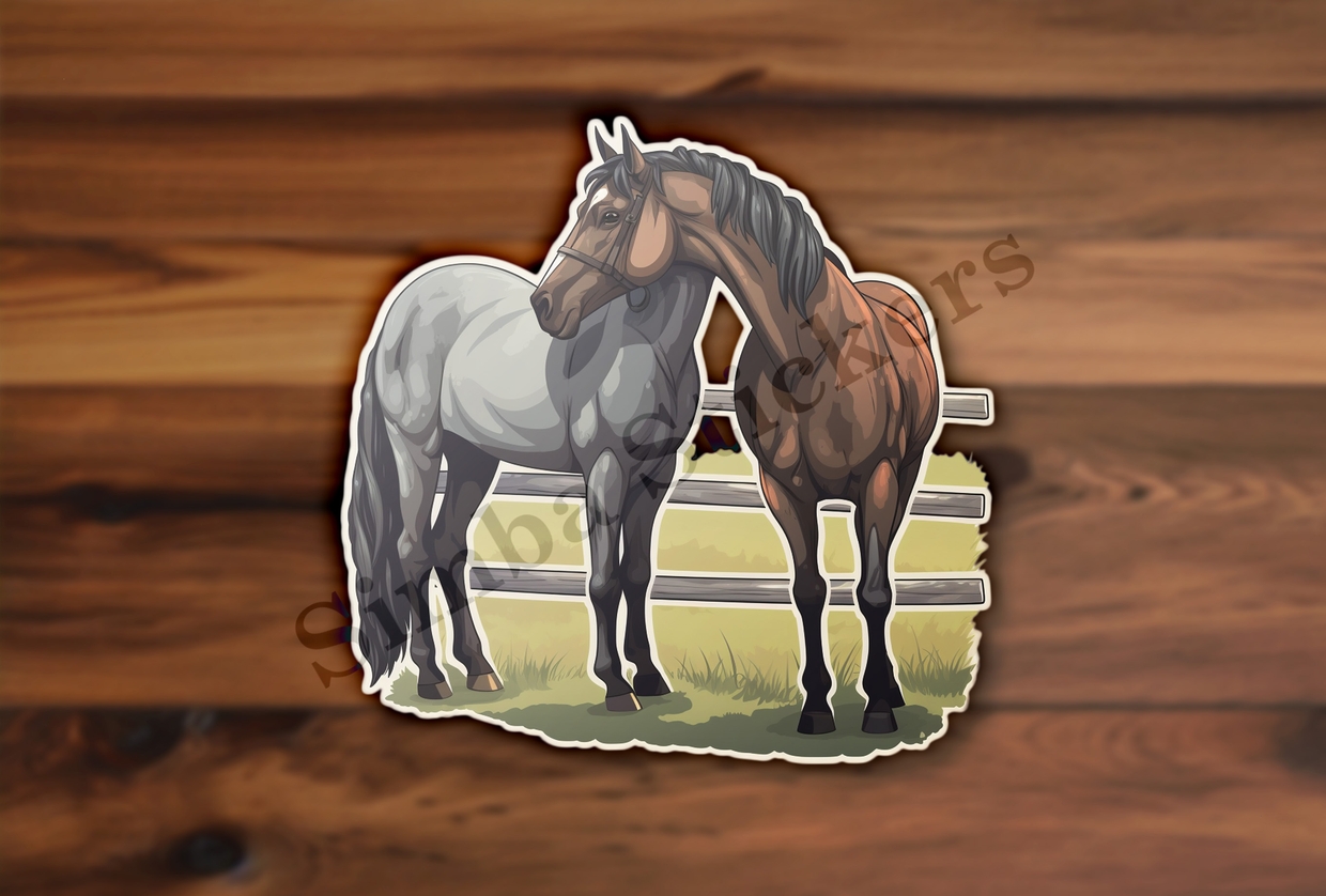 Two horses, one brown, one grey, scratching each others' backs