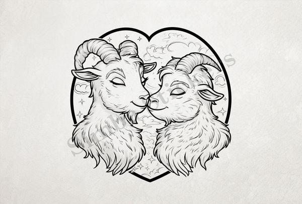 Goat younglings nose-to-nose, outline art