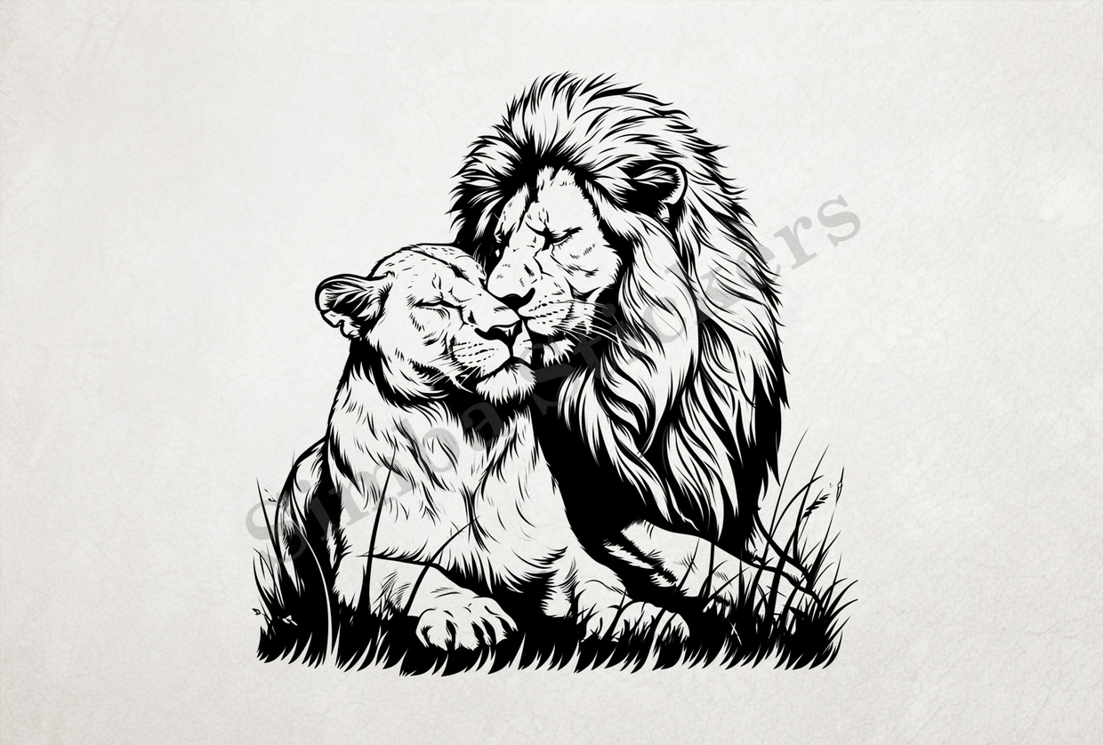Lion leaning into cuddling lioness, outline art