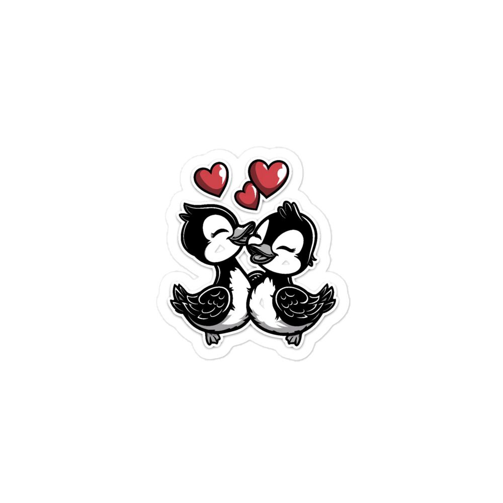 Sticker 3x3, Ducklings in love, romantic hearts above them, outline art