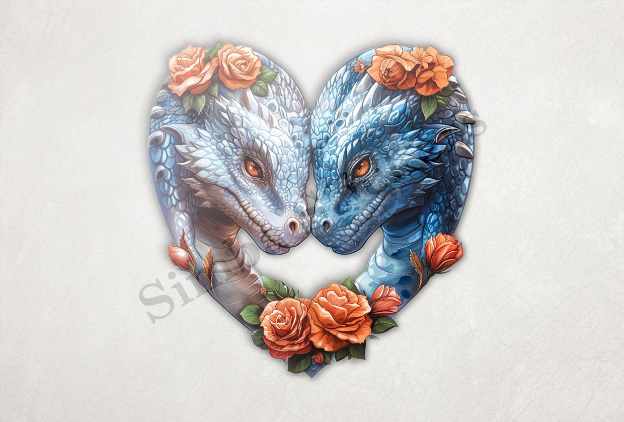 Blue and white dragons nose-to-nose in love, orange flowers, watercolour
