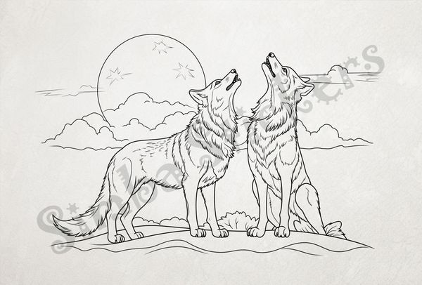 Wolves howling at the moon, outline art