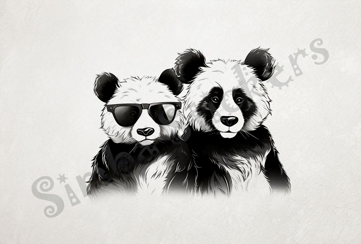 Two cool panda bear, one in sunglasses, outline art, bmygoc