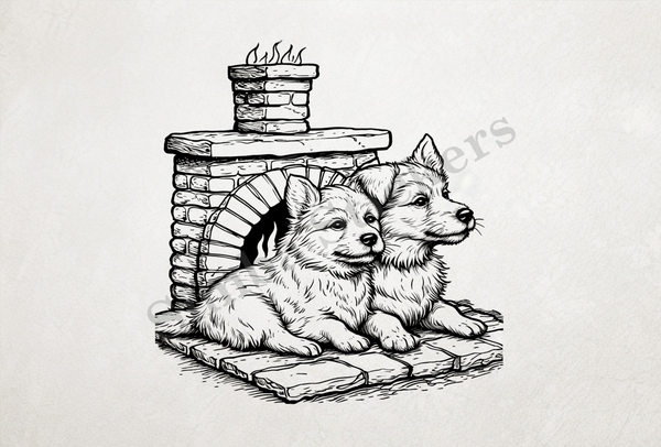 Dogs cuddling by a fireplace, romantic, outline art