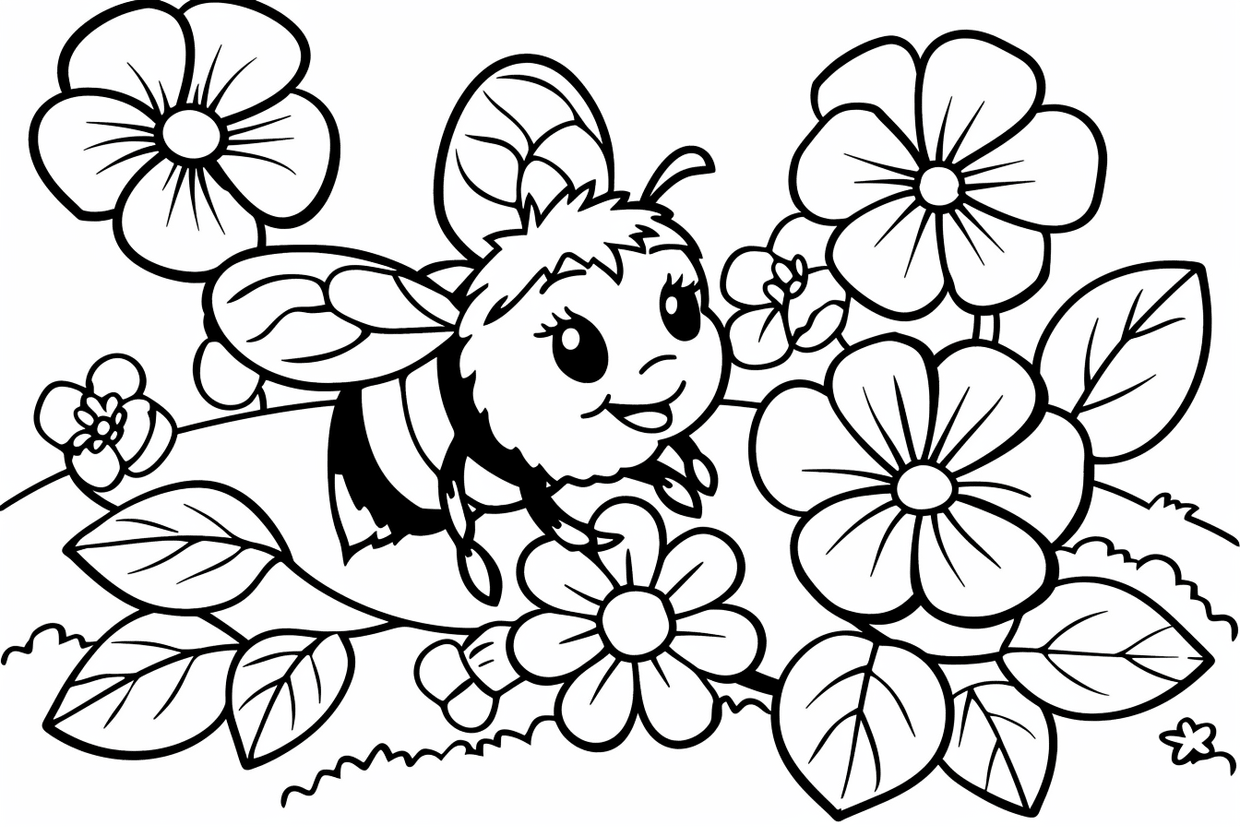 Colouring pages, bundle of bees around flowers, 10 images