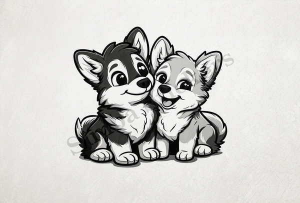 Happy dogs cuddling, outline art