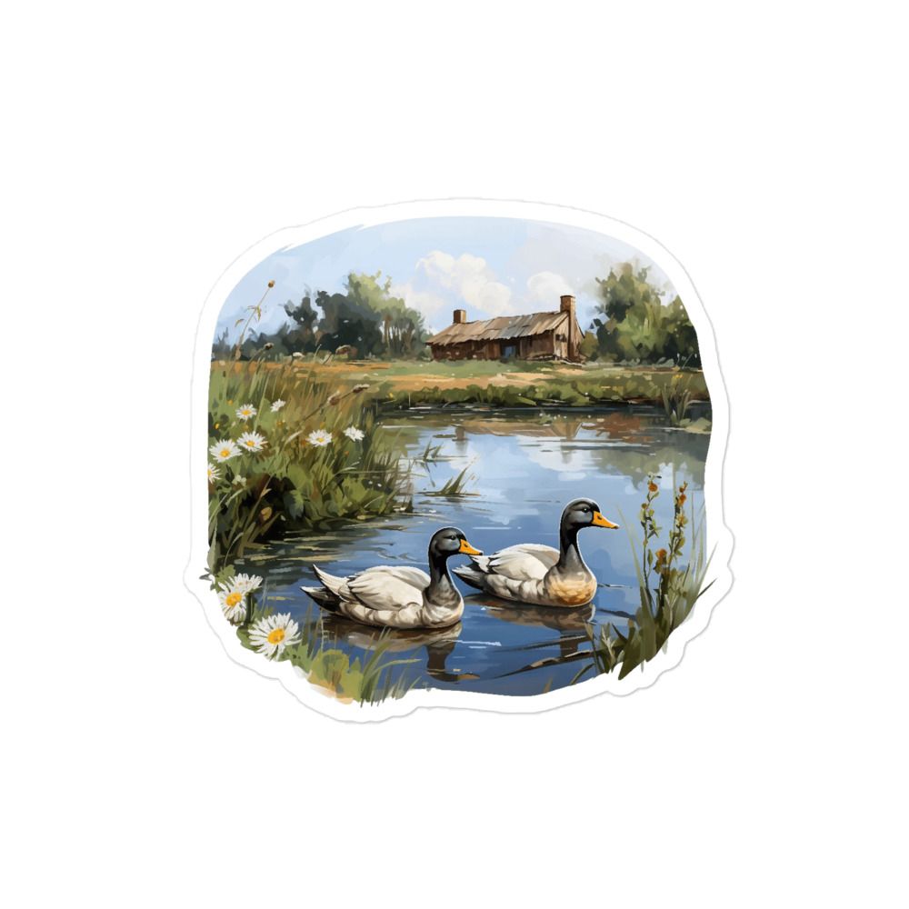 Sticker 3x3, Ducks in love swimming in farmhouse pond