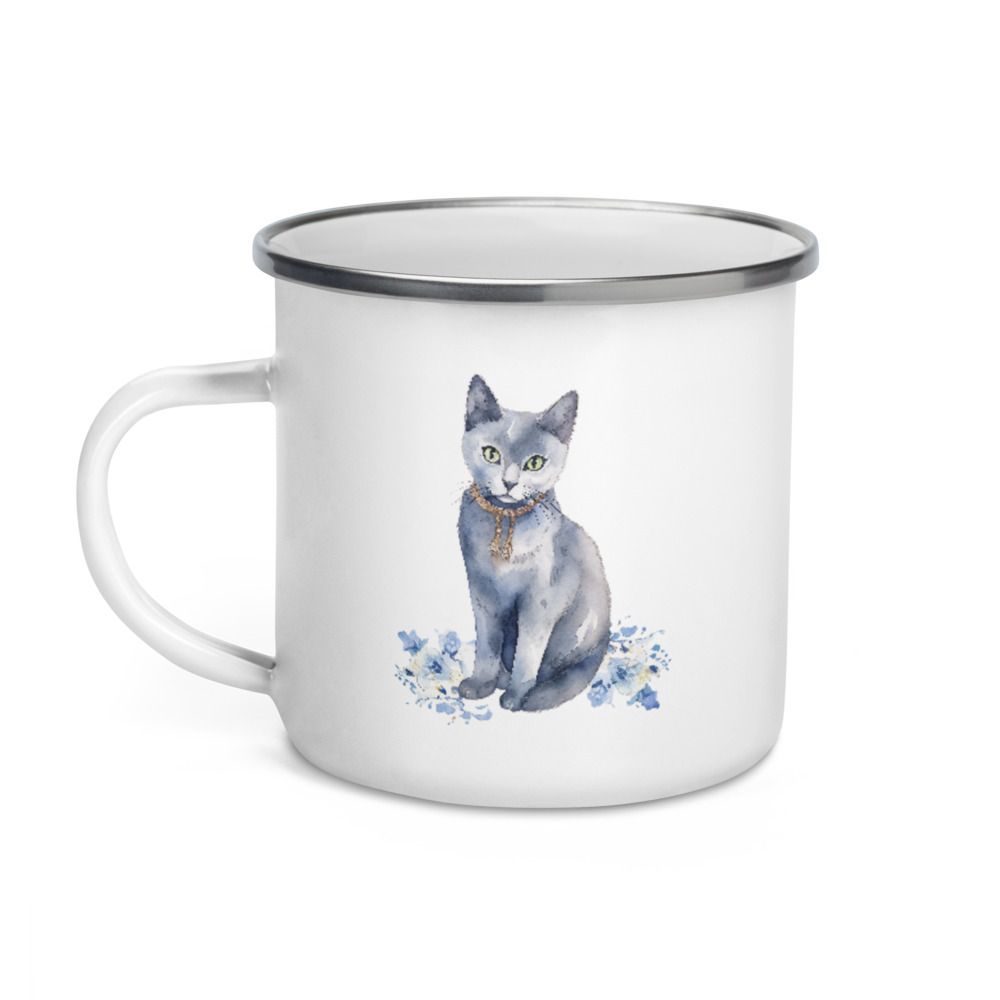 Enamel Mug, Russian blue cat sitting, watercolour
