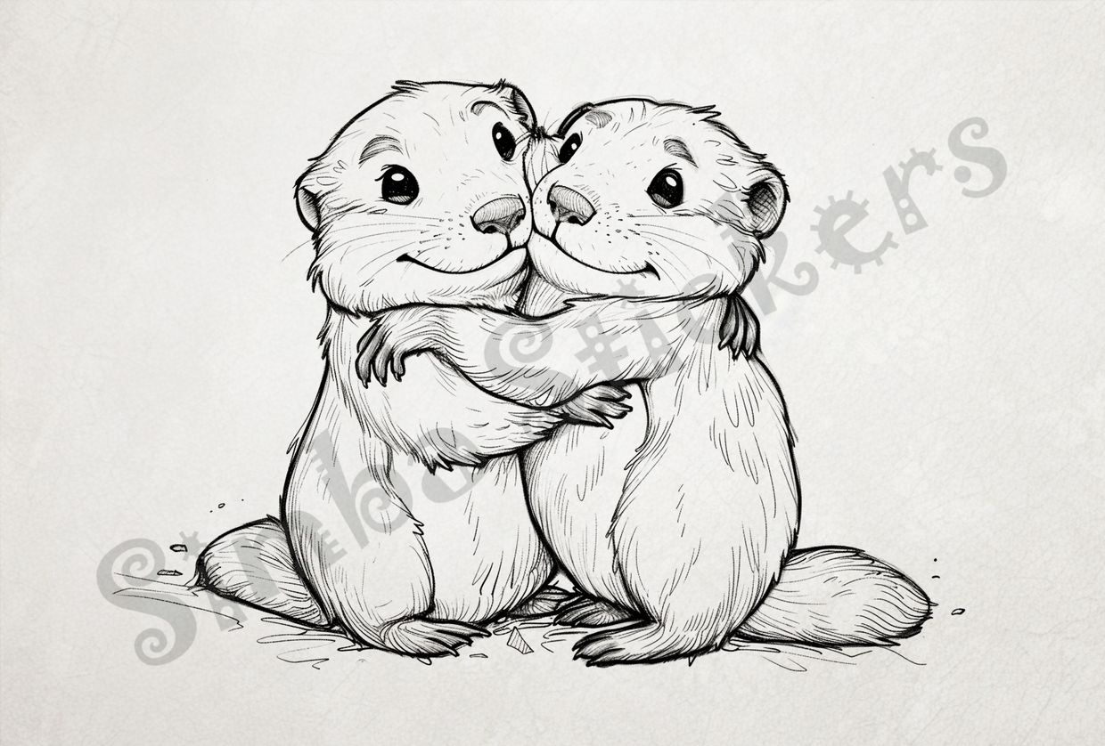 Beavers cuddling cheek-to-cheek in embrace, outline art