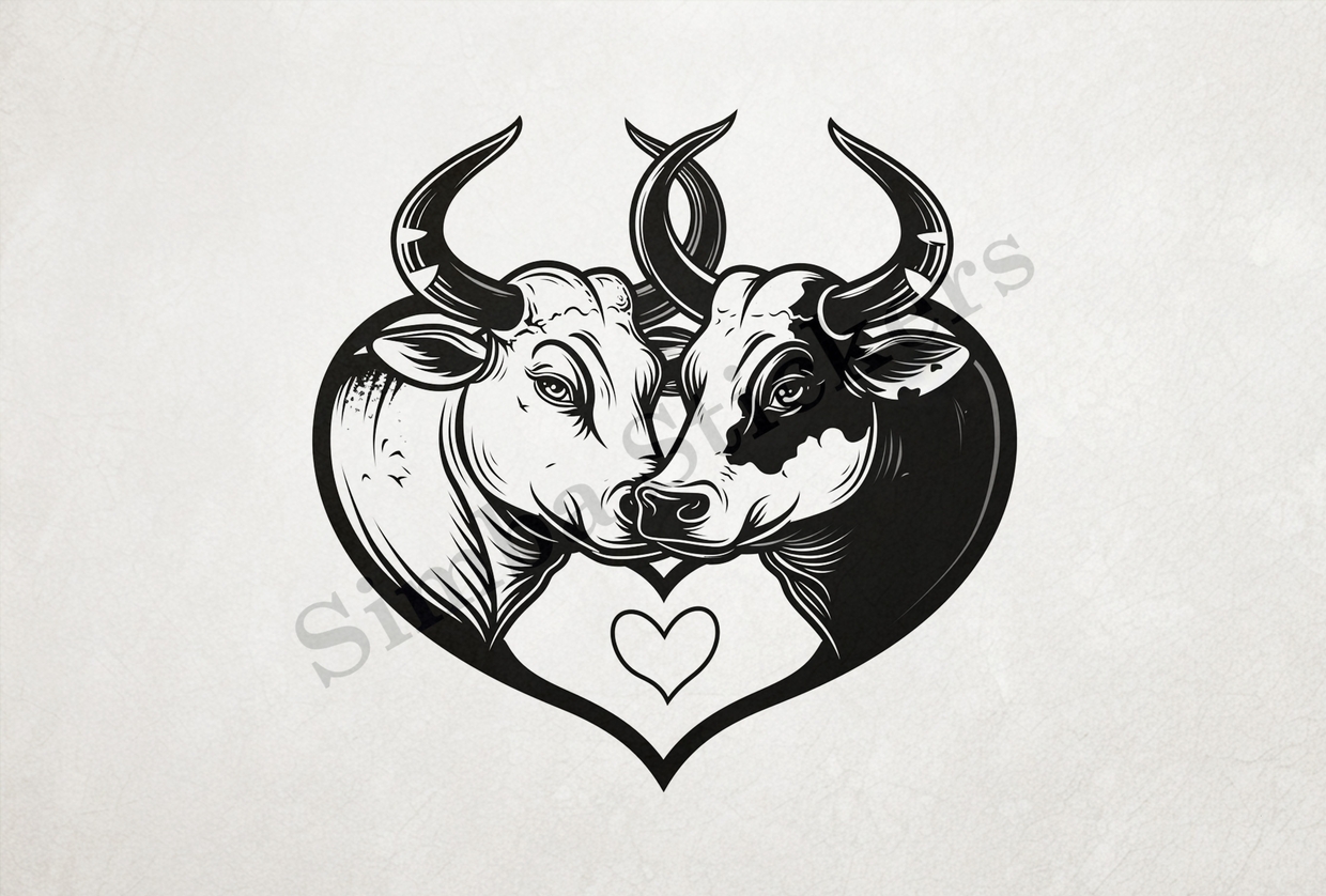 Cattle, cheek-to-cheek, in heart frame, outline art