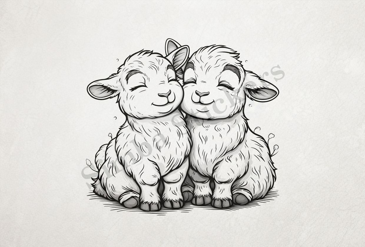 Goat kids cuddling cheek-to-cheek, outline art