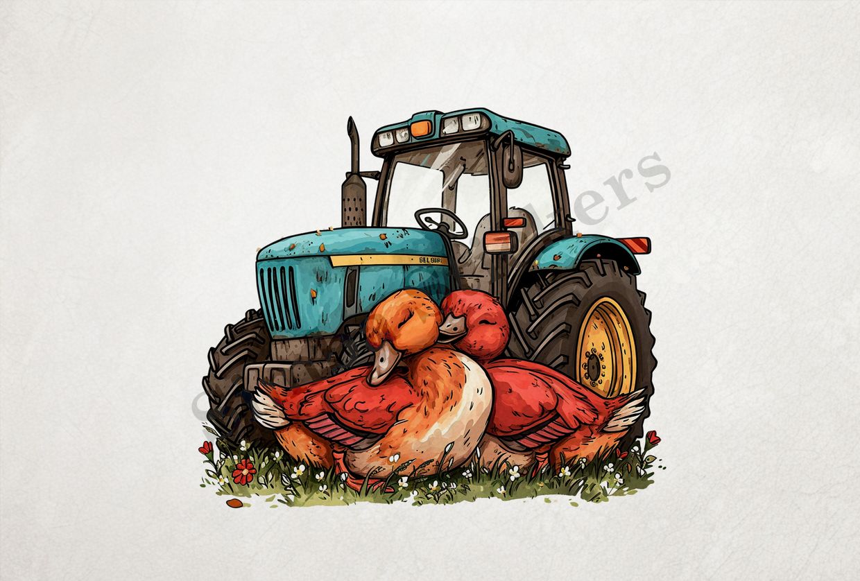 Ducks cuddling next to farmer's tractor