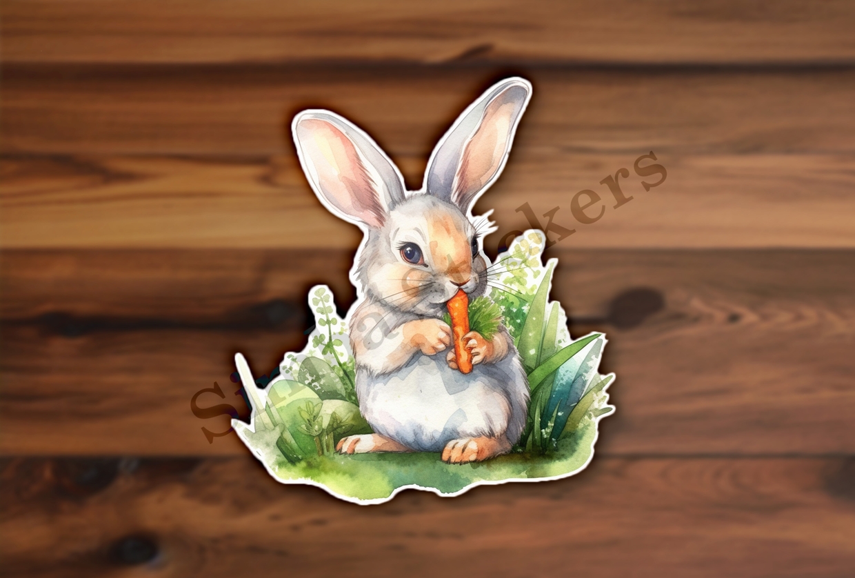 Rabbit eating a carrot, watercolour