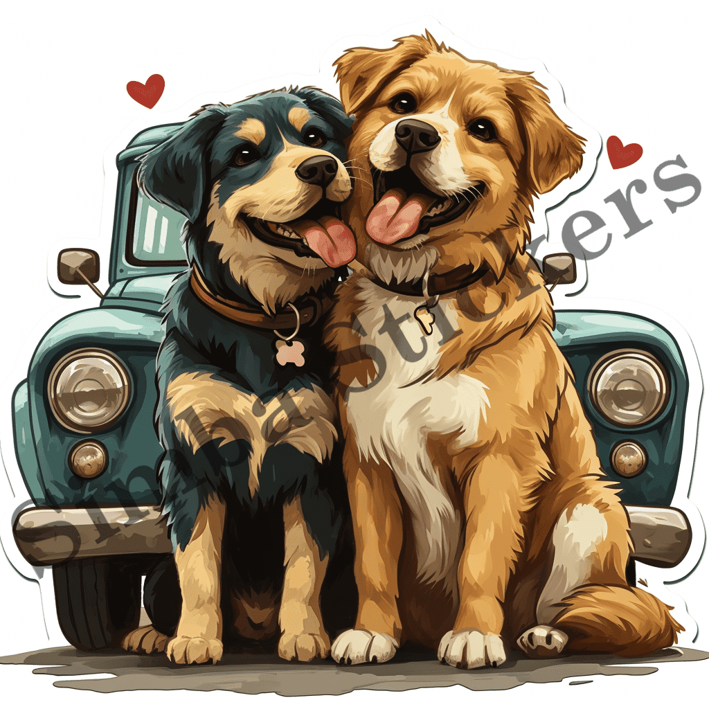 Dogs snuggling by car, watercolour, image set, 10 images