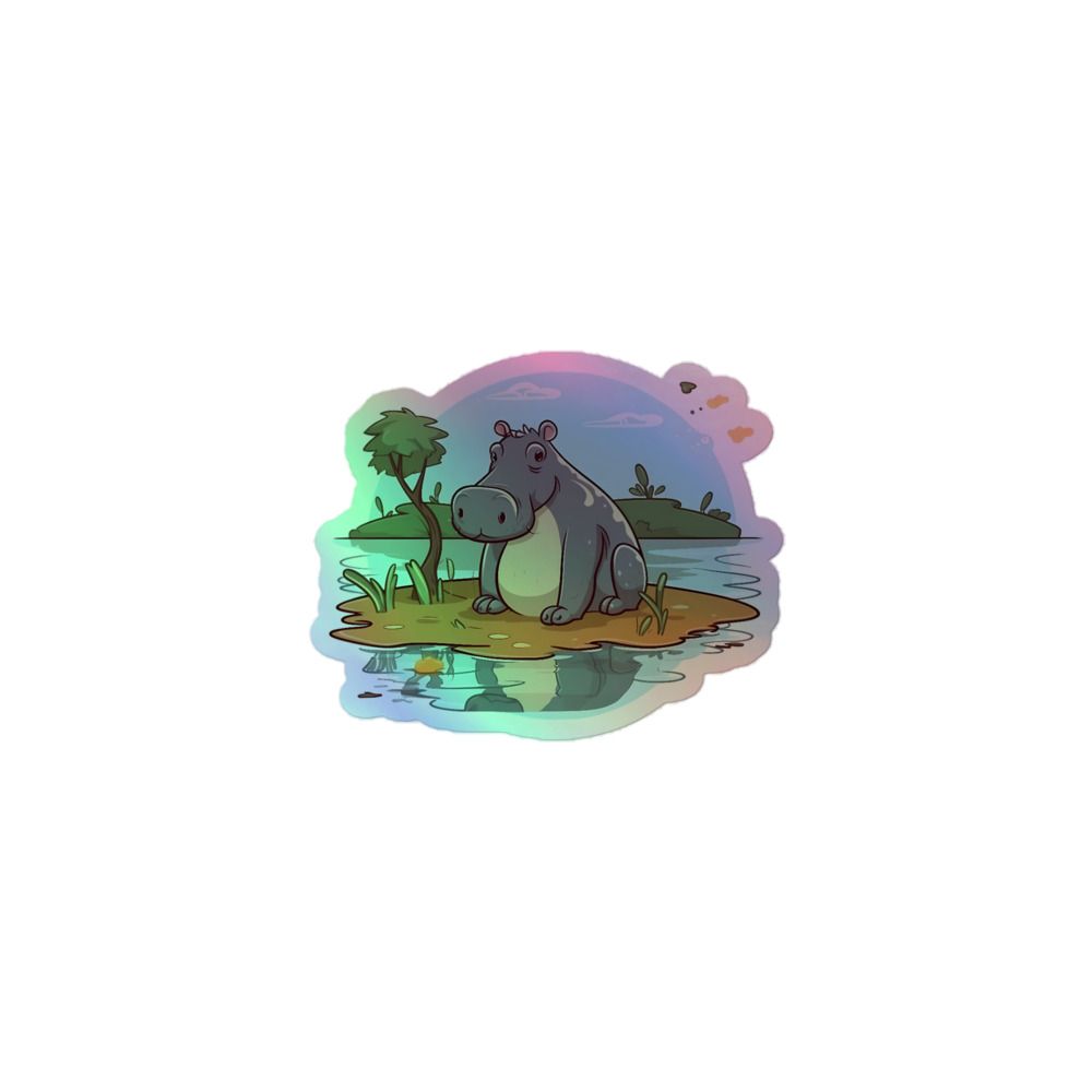 Kiss-Cut Holographic Stickers, Cute hippo on an island in a pond