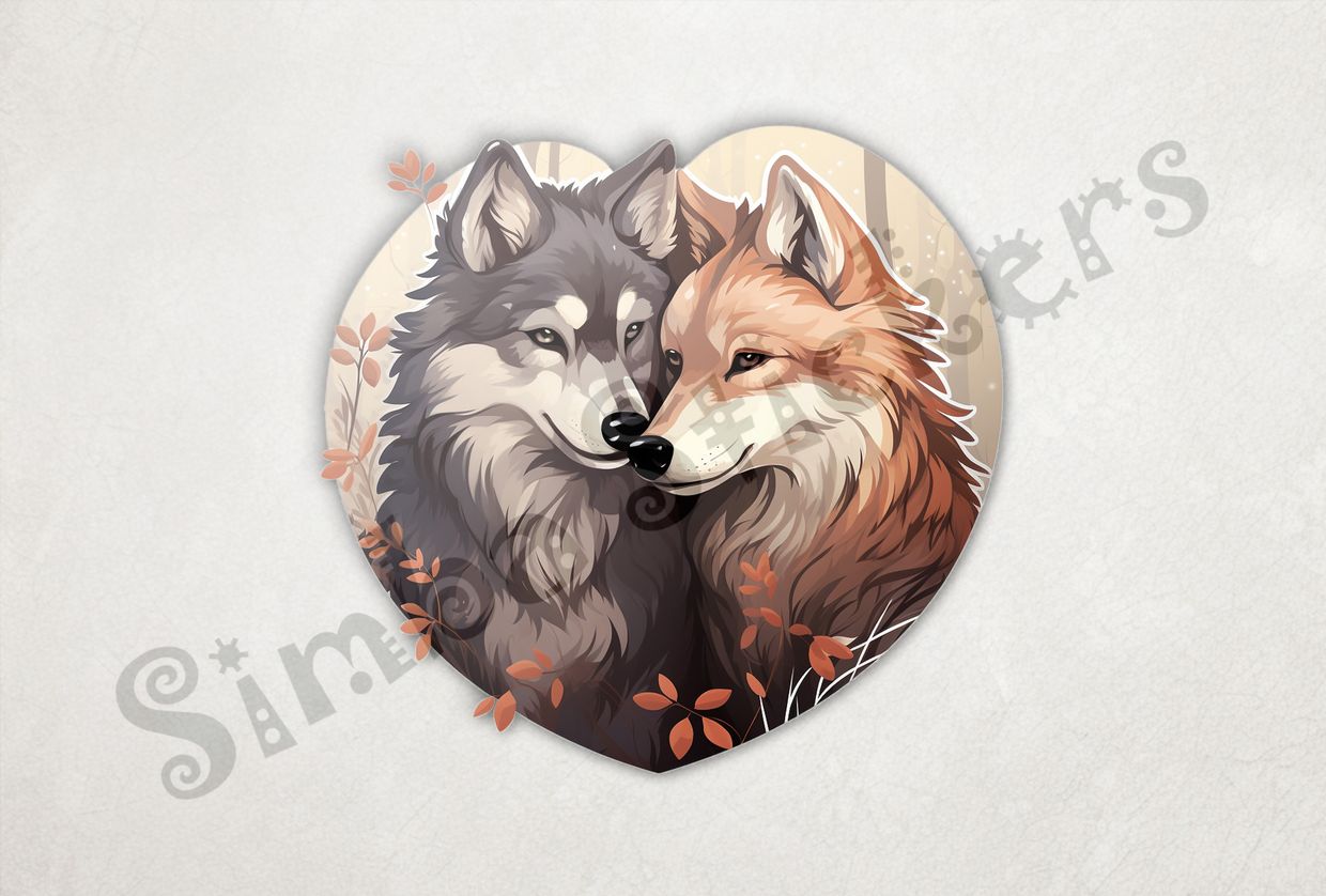 Wolves in love, cuddling, in heart shape