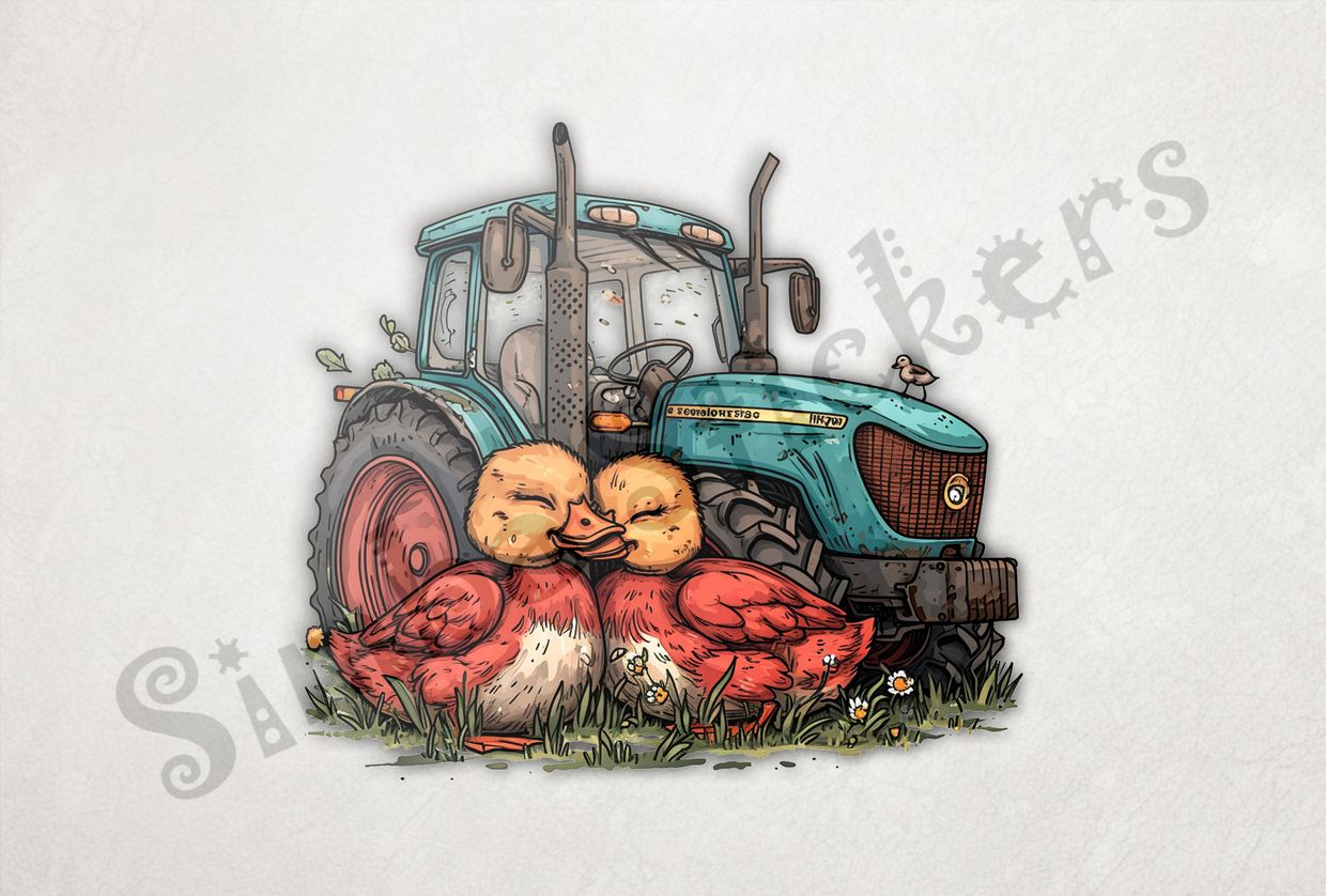 Ducks cuddling in front of green tractor