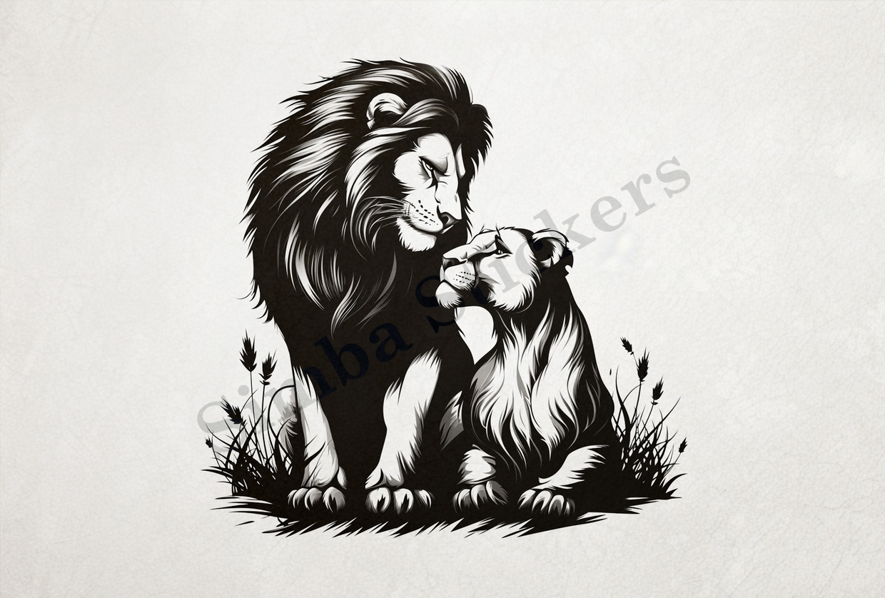 Lioness cuddling and looking up to lion , outline art