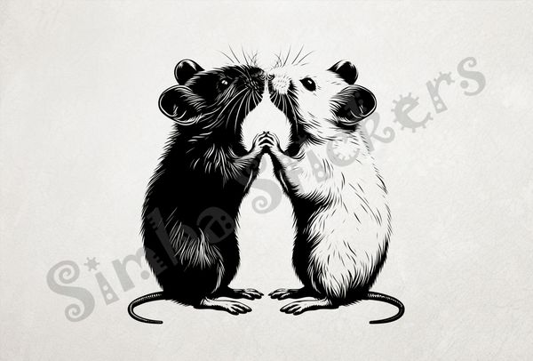 Mice nose-to-nose, holding hands, tails coiled, outli