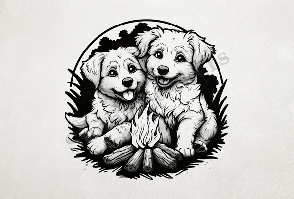 Dogs cuddling by a bonfire, outline art
