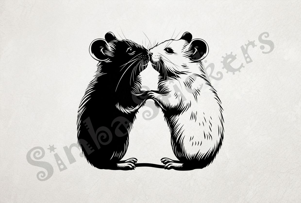 Mice nose-to-nose in love, holding hands, outline art