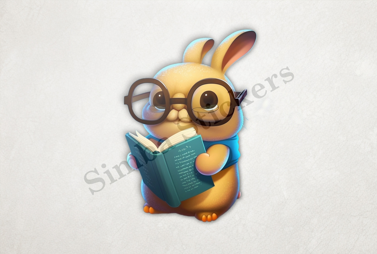 Chubby bunny with glasses holding a book