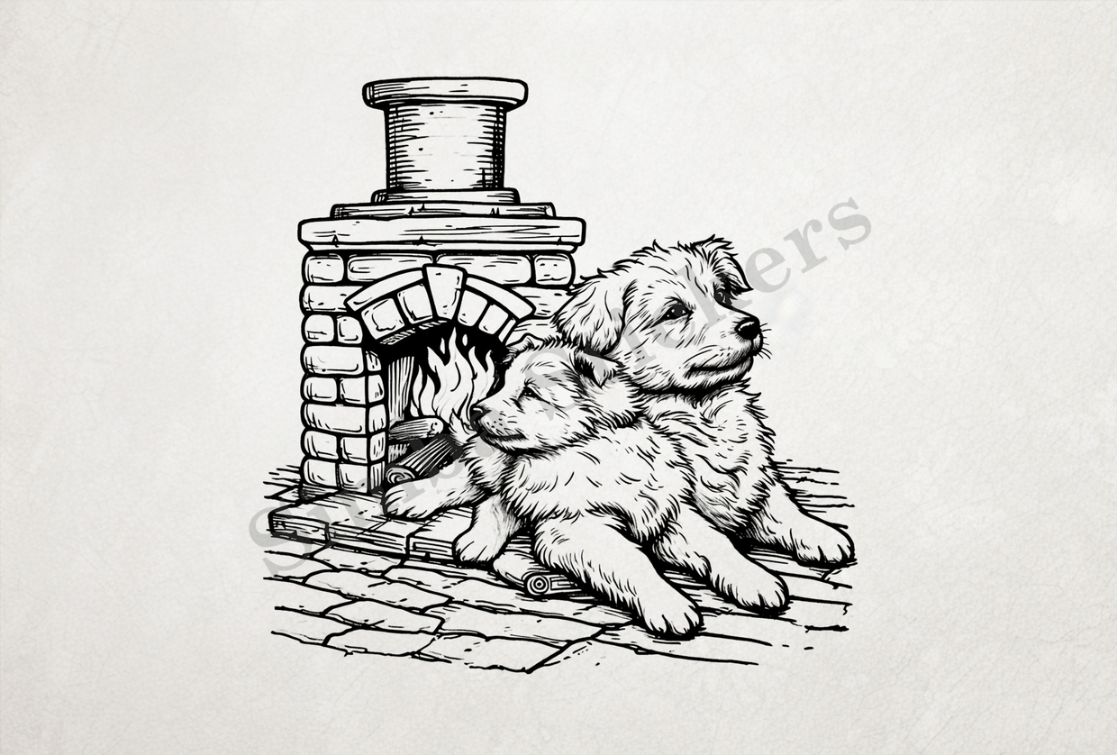 Dogs cuddling cosily by a fireplace, outline art