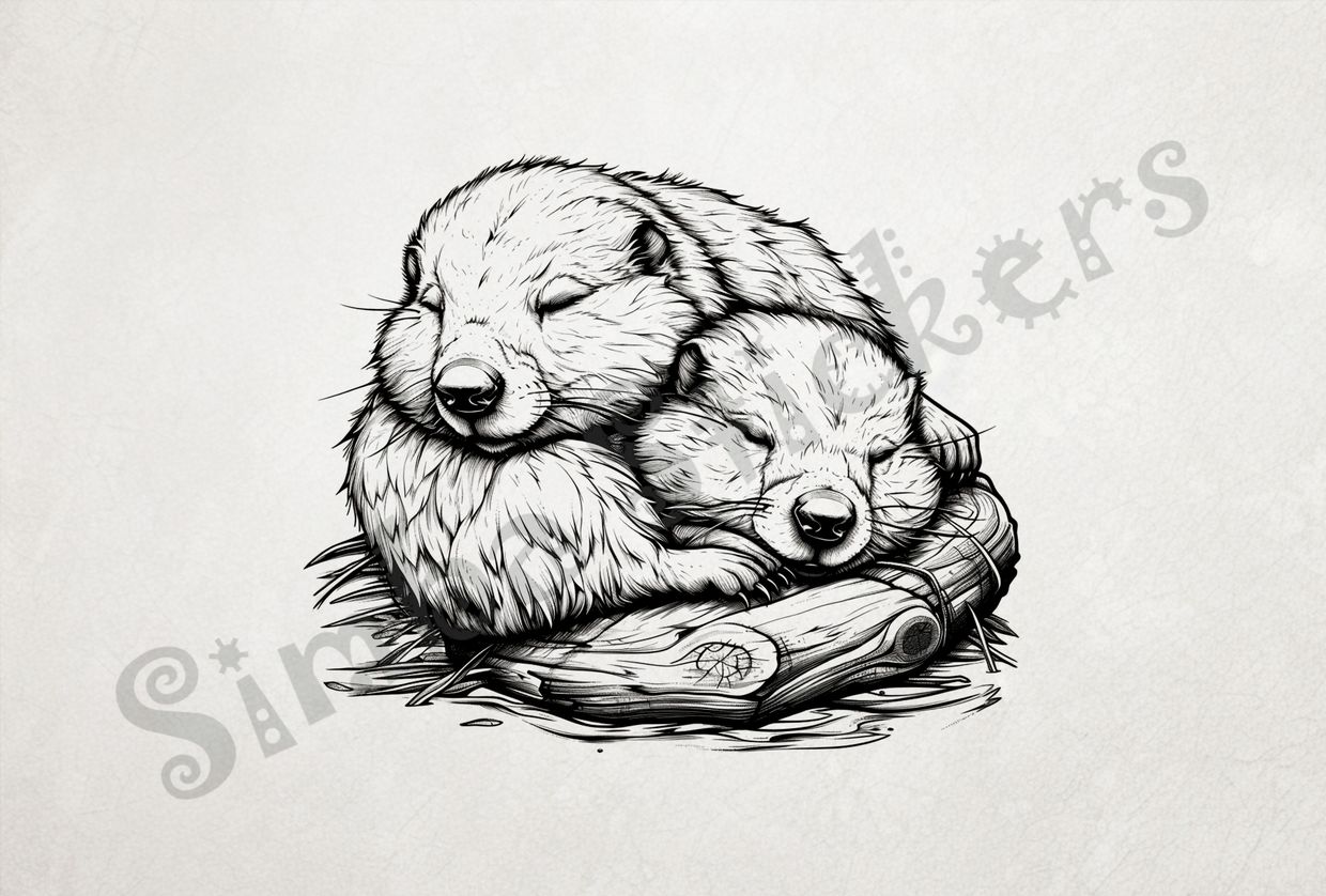 Beavers cuddling in sleep in water, outline art