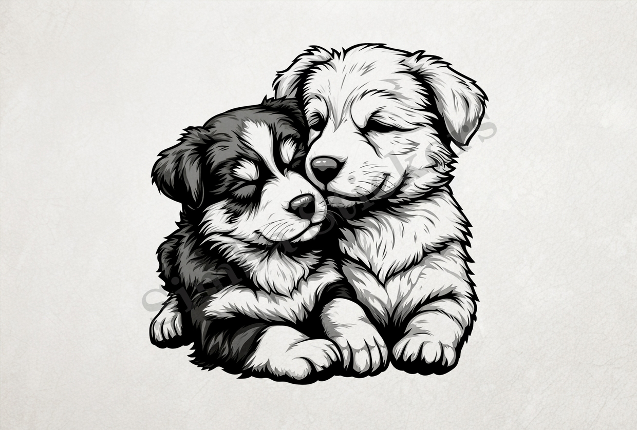 Cute dogs cuddling, outline art