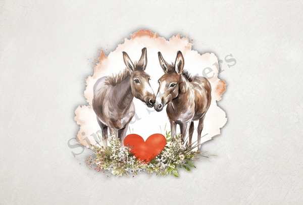 Donkeys in love, big heart in front, watercolour