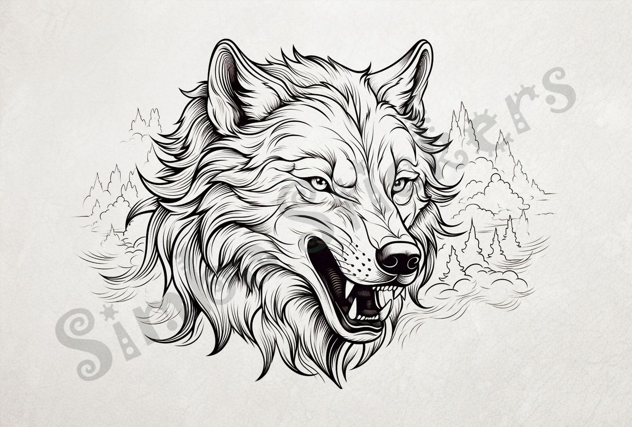 Wolf snarling, face close-up, outline art