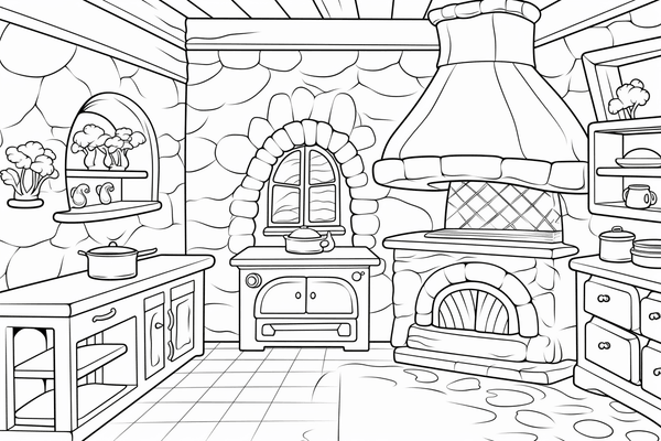 Colouring pages, bundle of house kitchens with stone o