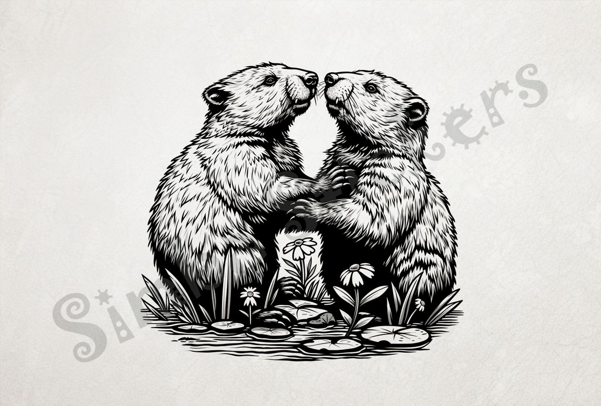 Beavers cuddling nose-to-nose, outline art
