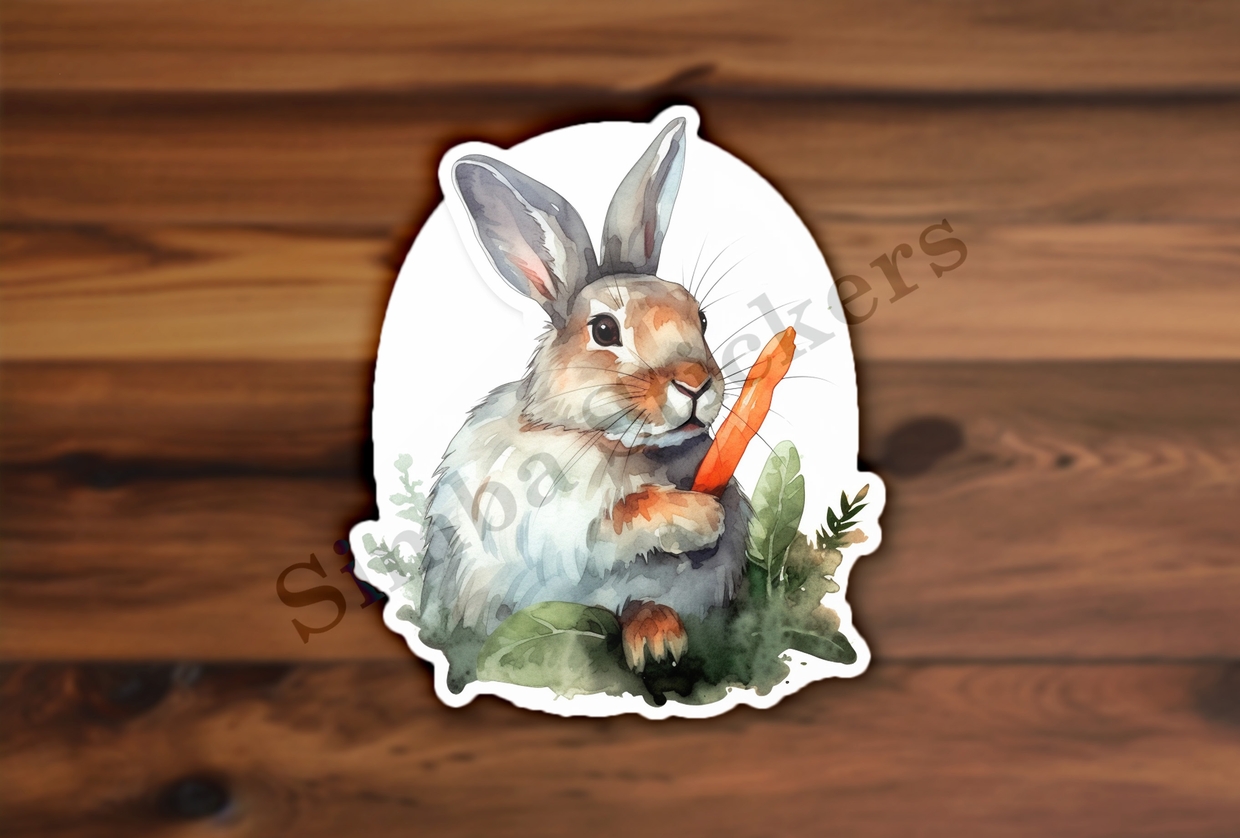 Rabbit holding a carrot, watercolour