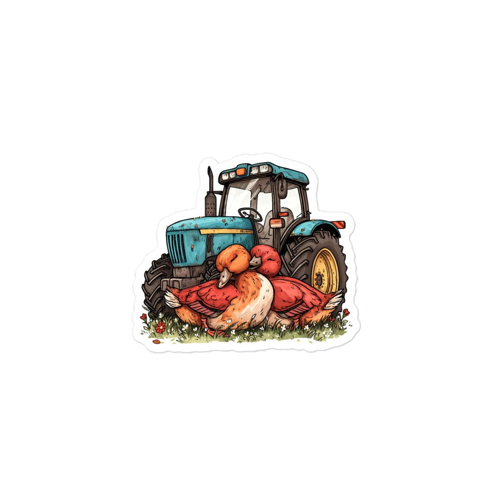 Sticker 3x3, Ducks cuddling next to farmer's tractor
