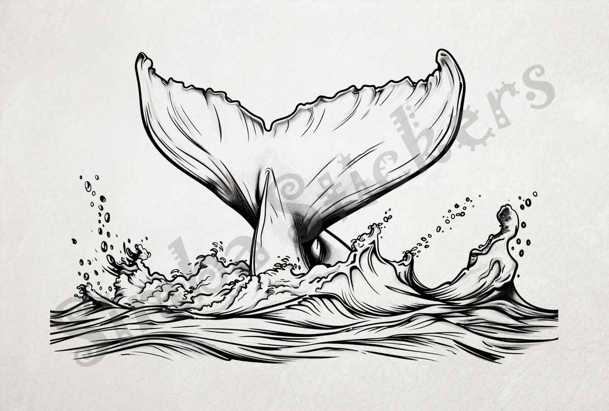 Whale lobtailing, making a big splash, outline art