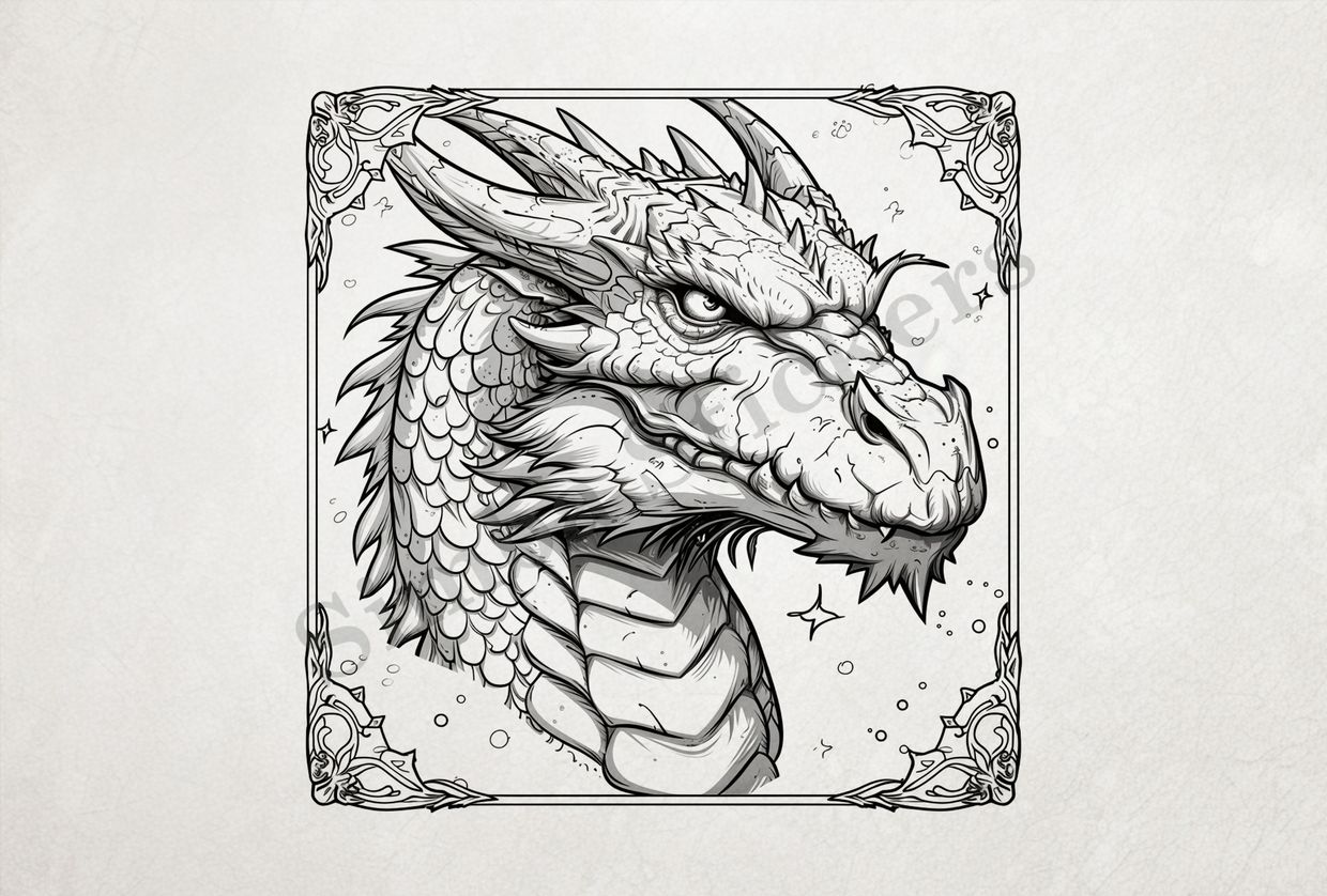 Angry-looking dragon, framed, outline art