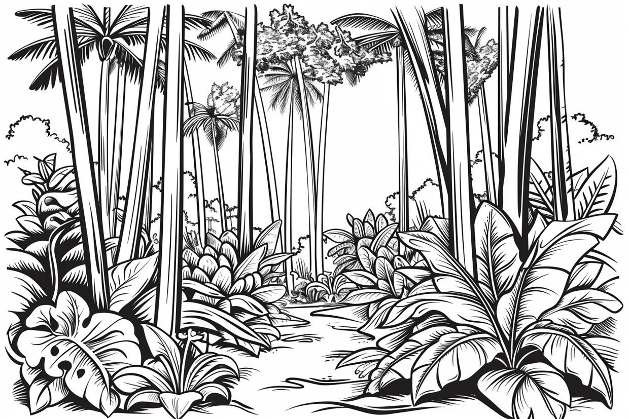 Colouring pages, bundle of Equatorial Rainforest landscape, 25 images