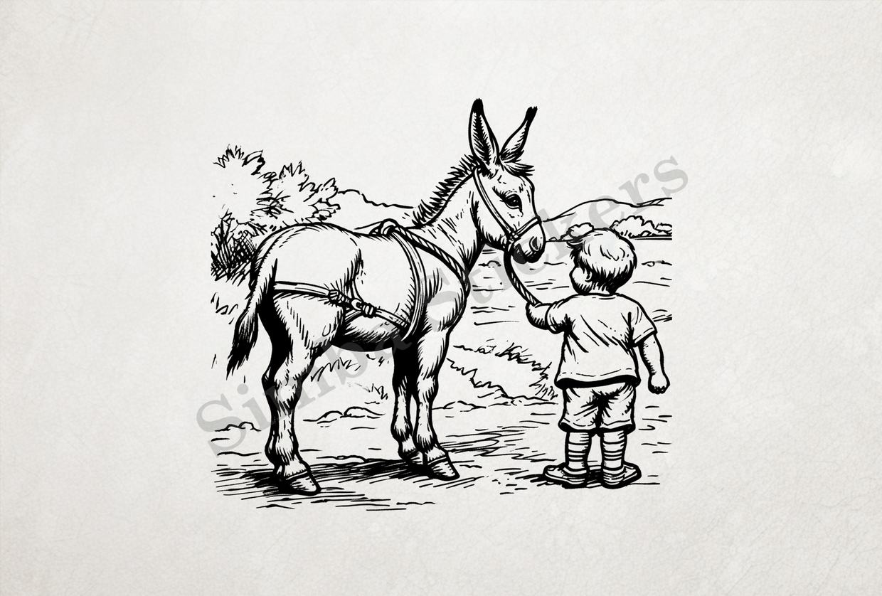 Donkey led on a rope by a small boy out in the open, outline art
