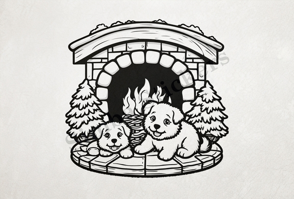 Dogs cuddling by the fireplace next to 2 small Christm