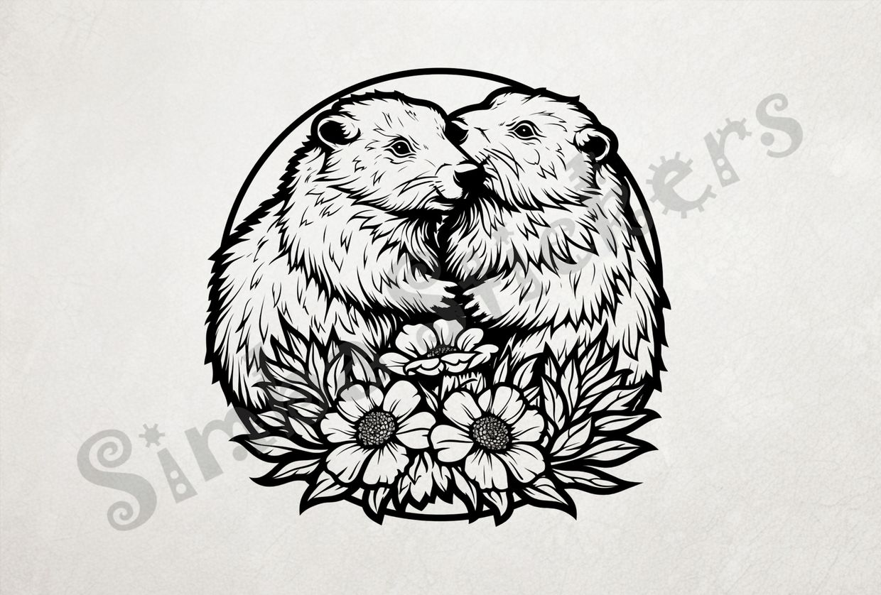 Beavers cheek-to-cheek in love in flowers, outline art