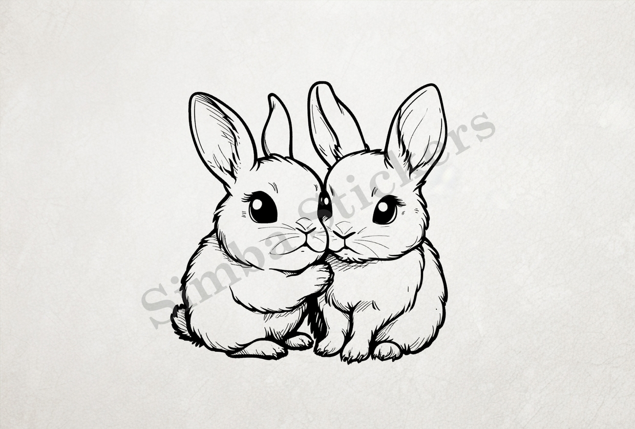 Bunnies cheek-to-cheek in love, outline art