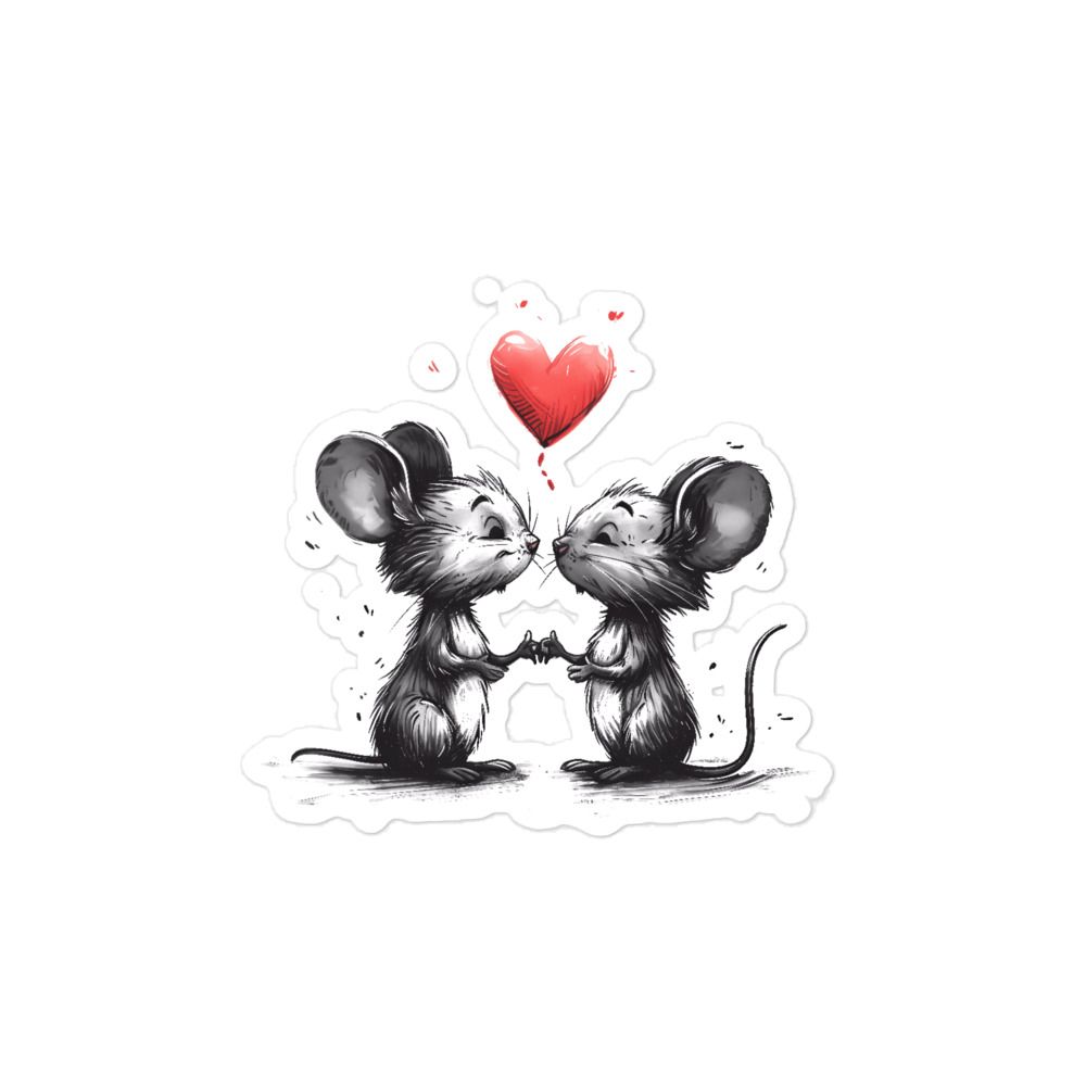 Sticker 4x4, Mice about to kiss, romantic heart above, outline art