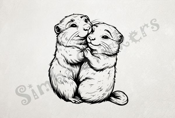 Beavers embracing cheek-to-cheek happily, outline art