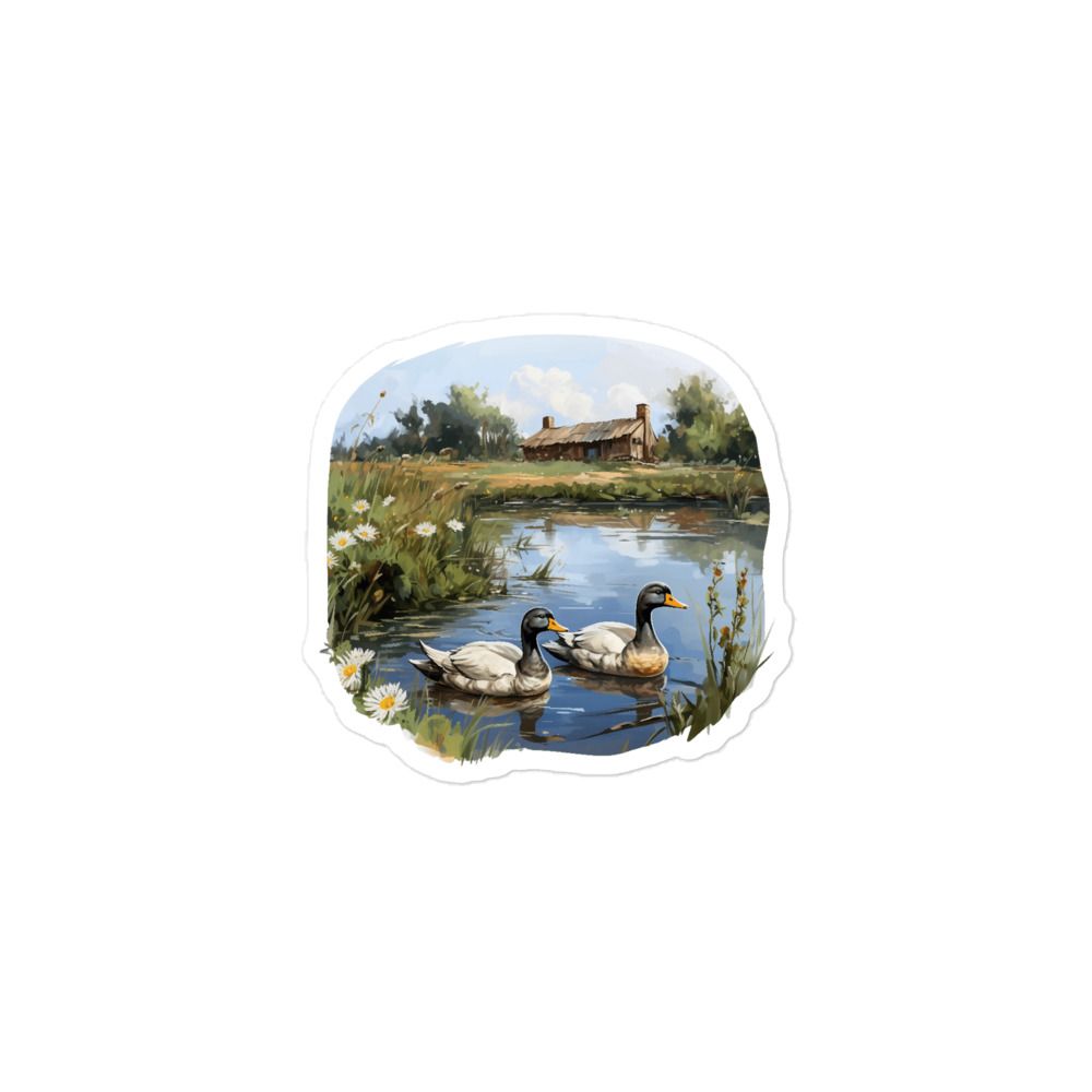 Sticker 3x3, Ducks in love swimming in farmhouse pond