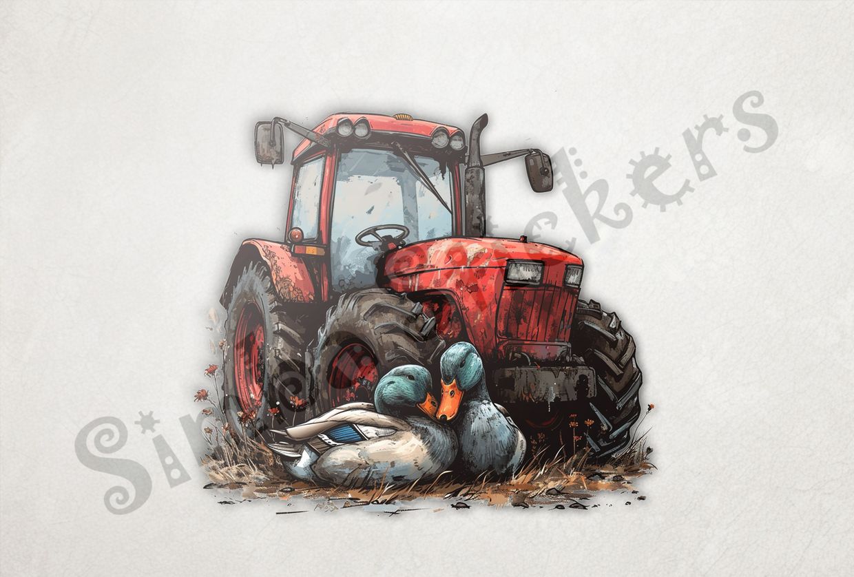 Ducks cuddling in front of farmer's red tractor